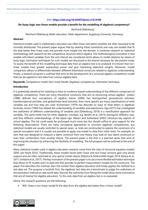 PDF Do Fuzzy Logic Non Linear Models Provide A Benefit For The Modelling Of Algebraic Competency