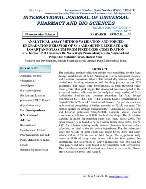 Pdf Analytical Assay Method Validation And Forced Degradation Behavior Of S Amlodipine