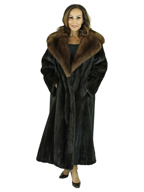Dark Mahogany Female Mink Fur Coat With Sable Collar Womens Fur Coat Large Estate Furs