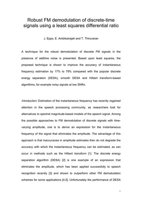 Pdf Robust Fm Demodulation Of Discrete Time Signals Using Least Squares Differential Ratio