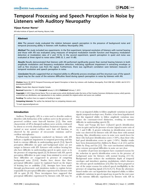 Pdf Temporal Processing And Speech Perception In Noise By Listeners With Auditory Neuropathy