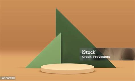 3d 베이지 색 실린더 연단 녹색 삼각형 벽 배경 현실적인 벡터 일러스트 레이 션 3차원 형태에 대한 스톡 벡터 아트 및 기타 이미지 3차원 형태 가정의 방 갈색