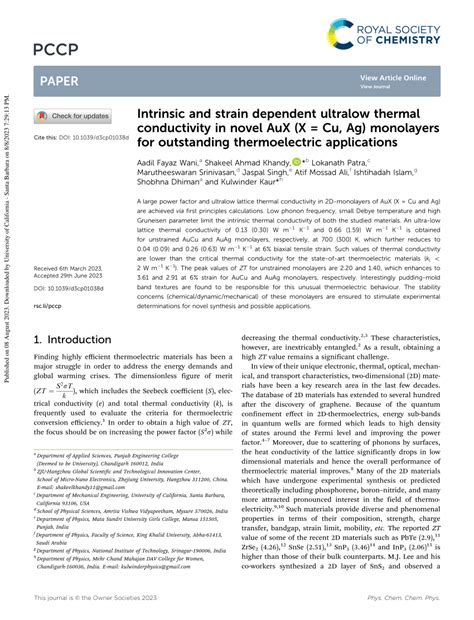 Pdf Intrinsic And Strain Dependent Ultralow Thermal Conductivity In Novel Aux X Cu Ag