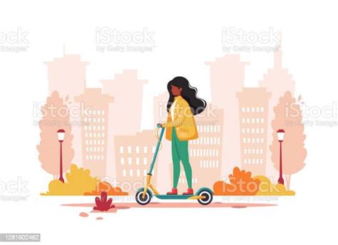 전기 킥 스쿠터를 타고 흑인 여성 에코 전송 개념 플랫 스타일로 벡터 그림 전기 연료 및 전력 생산에 대한 스톡 벡터 아트 및