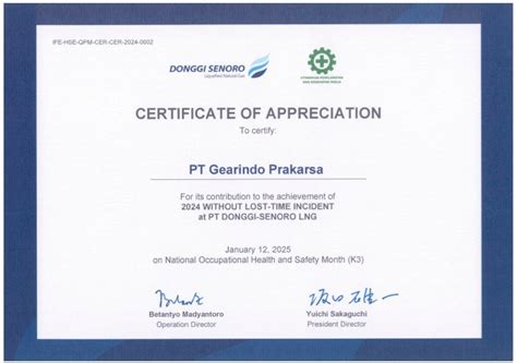 Pt Gearindo Prakarsa Has Just Received A Certificate Of Appreciation From Pt Ds Lng For Zero