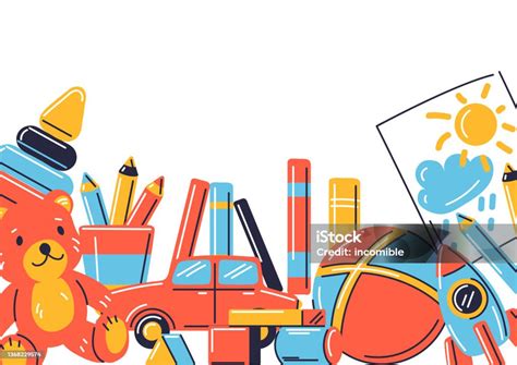 다양한 어린이 장난감배경 행복한 어린 시절의 상징 친구와 함께 게임을 재생합니다 0명에 대한 스톡 벡터 아트 및 기타 이미지 0명 개체 그룹 교육 Istock