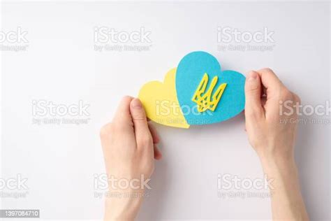 우크라이나 개념에서 전쟁을 중지하십시오 고립 된 흰색 배경에 황금색 삼지창이있는 국기 색상의 노란색과 파란색 하트를 들고있는 여성 손의 상단 오버 헤드 뷰 사진 2022년