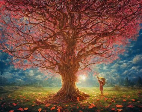 Premium AI Image A Painting Of A Woman Standing Under A Tree With The Sun Shining On It