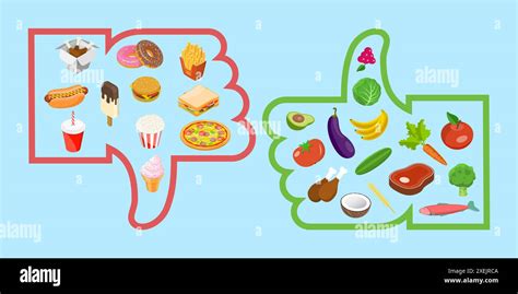 3d Isometric Flat Conceptual Illustration Of Healthy Vs Junk Food