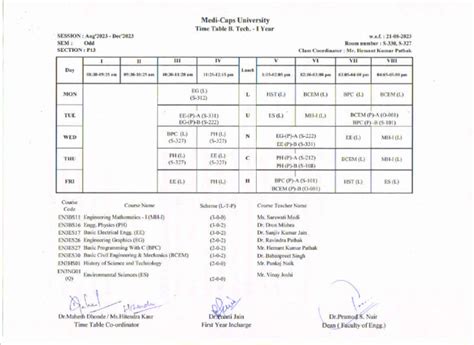 P13 Odd Sem Time Table 2023 Pdf