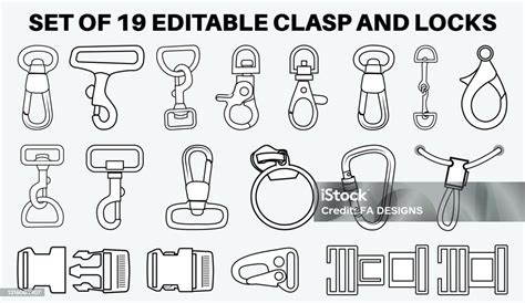 발톱 걸쇠와 카라비너 플랫 스케치 벡터 일러스트 세트 보석 등반 장비 의류 드레스 패스너 의류 및 액세서리용 다양한 유형의 걸쇠 버클 및 카라비너 버클에 대한 스톡 벡터
