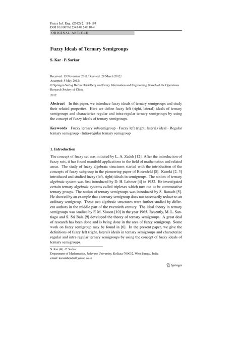 Pdf “fuzzy Ideals Of Ternary Semigroups”