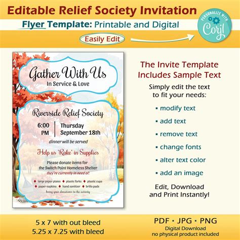 Editable Fall Relief Society Invitation Template Dinner And Service