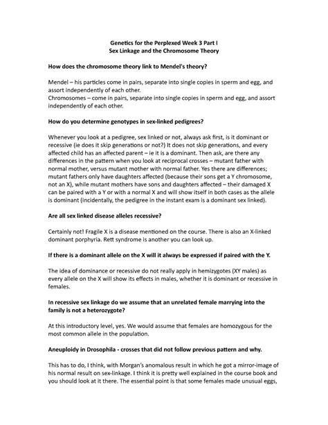Genetics For The Perplexed Week Sex Linkage And Chromosome Theory Genetics For The Perplexed