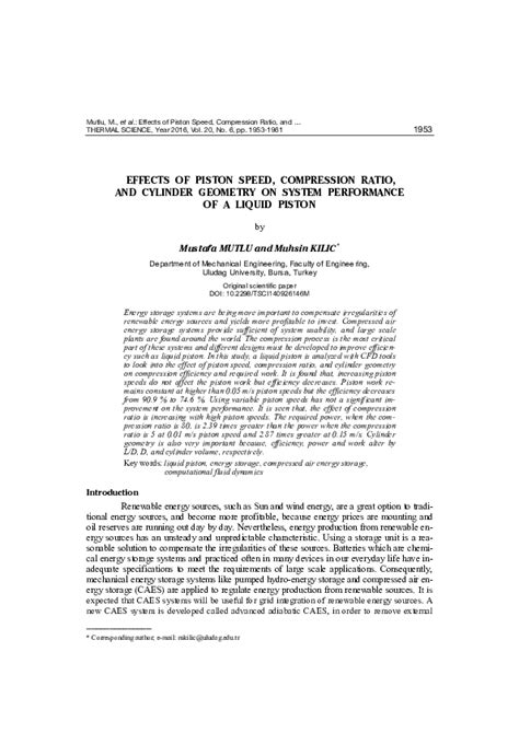 Pdf Effects Of Piston Speed Compression Ratio And Cylinder Geometry On System Performance Of
