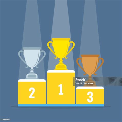 우승자는 금 은 브론즈 컵으로 시상대에 오디엄합니다 플랫 만화 스타일입니다 벡터 그림입니다 메달 수상대에 대한 스톡 벡터 아트