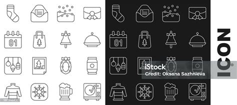 비닐 디스크 맥주 캔 크리스마스 덮인 트레이 스노우 쇼핑 백 캘린더 스타킹 및 메리 링 벨 아이콘세트 라인 비닐 플레이어 벡터 가리기에 대한 스톡 벡터 아트 및 기타 이미지