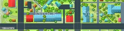도시의 거리 위에서 맨 위 보기 작은 마을 집과 도로 도로 나무 및 건물로 매핑합니다 현대 자동차 가로 배경 이미지입니다 만화 귀여운 스타일 일러스트 벡터 0명에 대한 스톡
