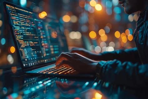 Premium Photo A Person Typing On A Laptop Computer At Night