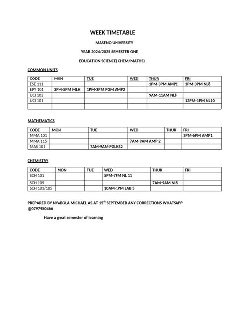 Updated Week Timetable 1 Pdf