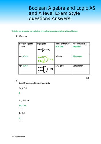Boolean Algebra And Logic Exam Style Questions Computer Science As A Level Ocr Teaching