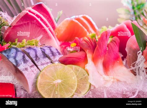 Closeup Of Sea Food Set With Mix Fish And Squid Shellfish On Ice