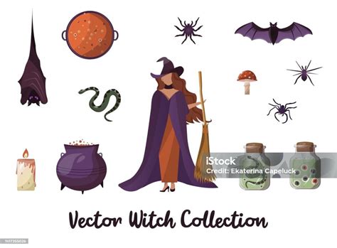 할로윈 컬렉션 벡터 요소 마녀 독이있는 가마솥 거미 독 항아리 눈이있는 항아리 뱀이있는 항아리 양초 안구 박쥐 트릭 또는 치료