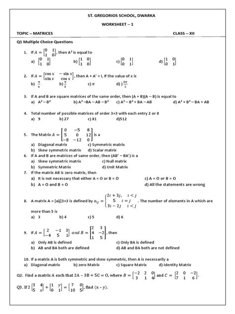 worksheet matrices pdf matrix mathematics linear algebra