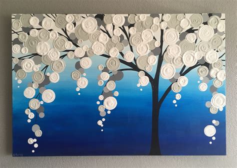 Blue And Gray Textured Tree Art Original Painting On Canvas Etsy
