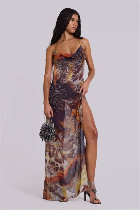 Dahlia Cowl Beaded Backless Chiffon Maxi Dress Jaded London Clothing