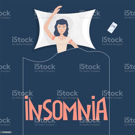 불면증 수면 장애가있는 침대에서 불행한 소녀 담요에 레터링 피로의 개념 플랫 스타일로 벡터 그림입니다 밤에 는 전화와 베개에 소녀 가정의 방에 대한 스톡 벡터 아트 및 기타