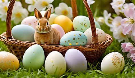Easter Background Easter Bunny Decorated Eggs And Cute Rabbit