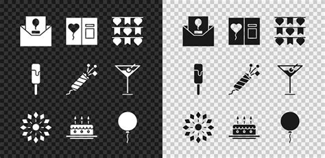 초대장 인사말 카드 깃발이 있는 카니발 화환 불꽃놀이 케이크 굽기 촛불 풍선 리본 아이스크림 및 로켓 아이콘을 설정합니다 벡터 Pyrotechnic Effects에 대한