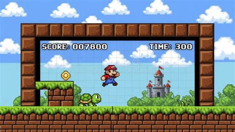 Classic Super Mario Bros Pixel Art Game Scene With Mario Jumping Over A
