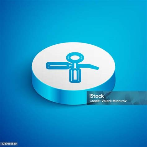 파란색 배경에 격리된 등소 선 치과 검사 미러 및 탐색기 스케일러 아이콘 공구 치과 검진 흰색 원 버튼입니다 벡터 3차원 형태에 대한 스톡 벡터 아트 및 기타 이미지