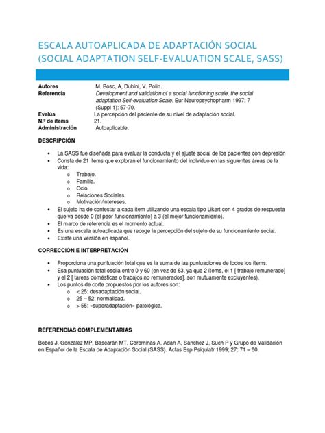 Escala Autoaplicada De Adaptación Social Social Adaptation Self Evaluation Scale Sass Pdf