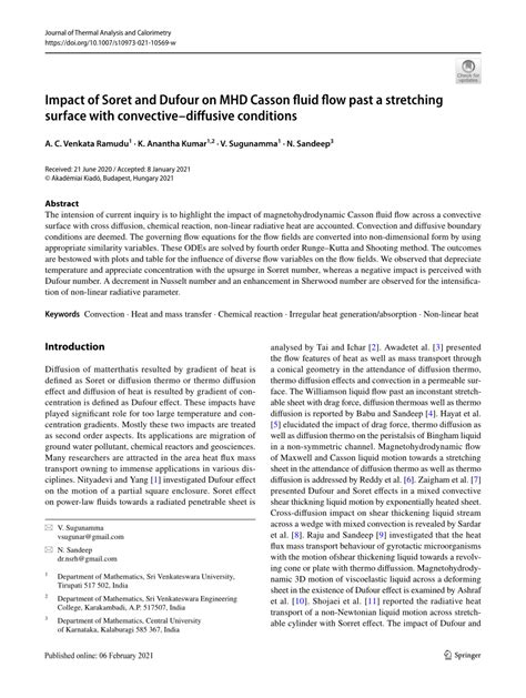 Pdf Impact Of Soret And Dufour On Mhd Casson Fluid Flow Past A Stretching Surface With