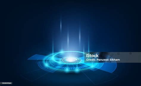 Hud 스타일의 텔레포트 연단의 포털 및 홀로그램 미래 원 요소 Gui Ui 가상 현실 프로젝터 추상 홀로그램 기술 헤드업