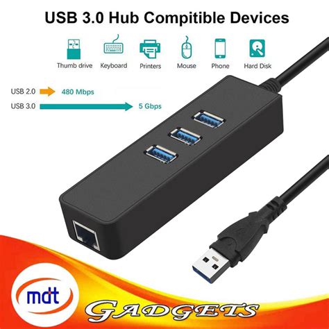 Usb 3 0 Ethernet Adapter With 3 Ports Usb Hub 100mbps To Rj45 Gigabit Ethernet Lan Network Card