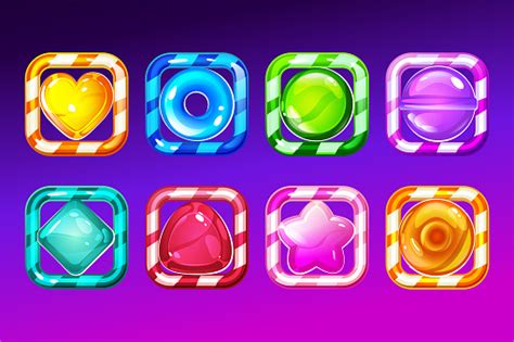 사탕 앱 아이콘 세트 게임 Ui 사각형 버튼 만화 롤리팝 메뉴 인터페이스 줄무늬가 있는 다채로운 블록 사용자 패널 설정을 위한