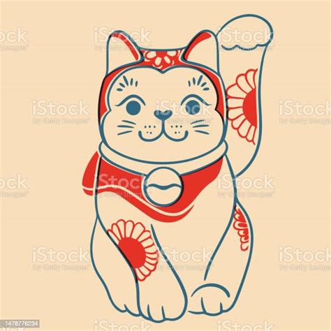 행운의 고양이 다채로운 귀여운 스크린 인쇄 효과 리소 인쇄 효과 벡터 그림입니다 직물 섬유 의류 포장지 벽지 포스터에 대 한