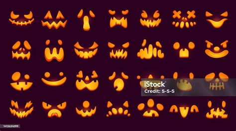 빛나는 호박 얼굴 무서운 할로윈 생물의 빛나는 눈과 이빨 입 잭 오 랜턴 새겨진 유령 같은 사악한 얼굴 또는 미소 호박 이모티콘 스마일리 독창적 인 벡터 일러스트 레이 션