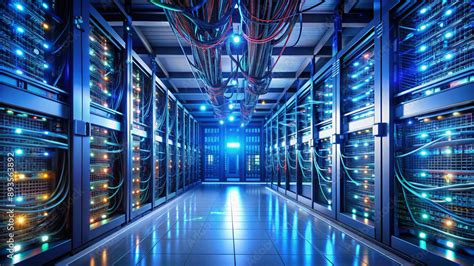High Tech Data Center With Rows Of Humming Servers Flashing Lights And Tangled Cables