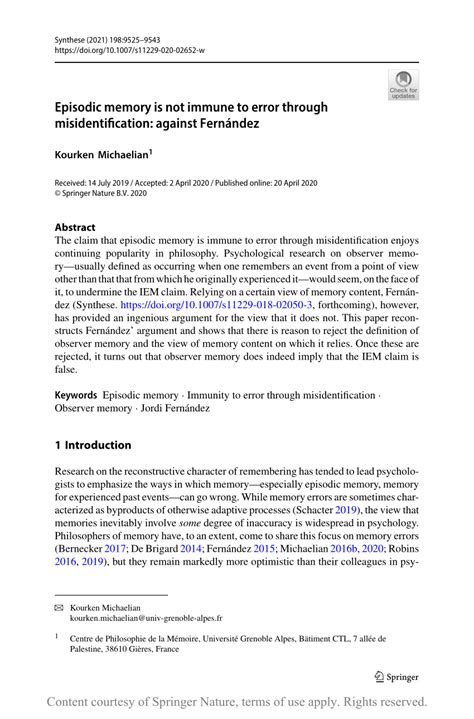 Episodic Memory Is Not Immune To Error Through Misidentification Against Fernández Request Pdf