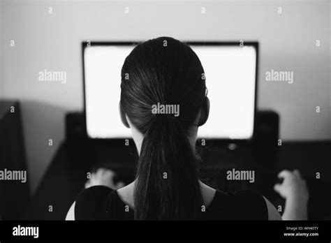 Woman And Computer And Rear View Black And White Stock Photos Images Alamy