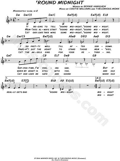 Thelonious Monk Round Midnight Sheet Music Leadsheet In D Minor