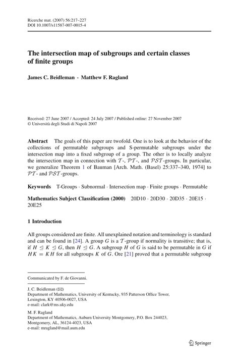 Pdf The Intersection Map Of Subgroups And Certain Classes Of Finite