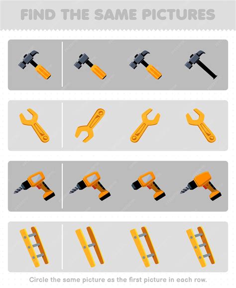 어린이를 위한 교육 게임은 귀여운 만화 해머 렌치 드릴 사다리 인쇄 가능한 도구 워크시트의 각 행에서 동일한 그림을 찾습니다