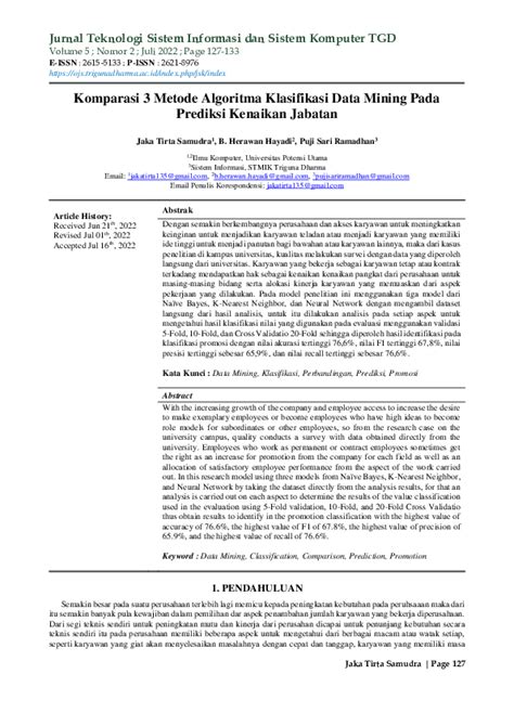 Pdf Komparasi 3 Metode Algoritma Klasifikasi Data Mining Pada Prediksi Kenaikan Jabatan