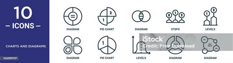 차트 및 다이어그램 개요 아이콘 세트에는 얇은 선 다이어그램 다이어그램 수준 원형 차트 다이어그램 보고서 아이콘 프리젠 테이션 웹 디자인이 포함됩니다 0명에 대한 스톡 벡터